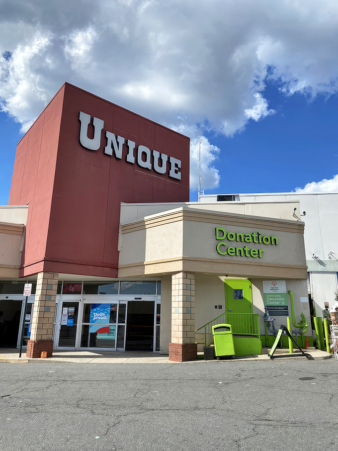The iconic red facade of Unique beckons bargain hunters like a retail lighthouse in Falls Church's sea of ordinary shopping.
