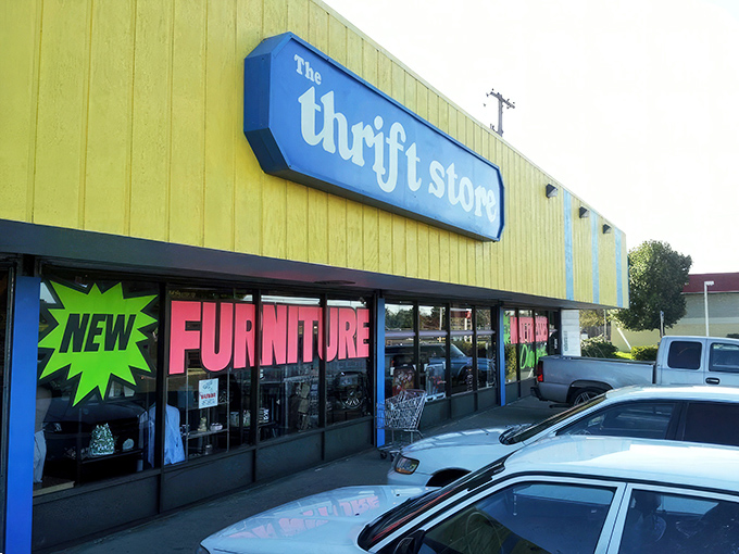 The unmistakable yellow exterior with its bold blue signage stands like a beacon of bargain possibilities, promising treasures within those unassuming walls.