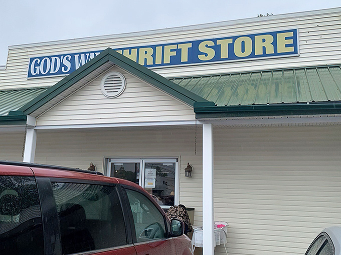 The bold blue signage of God's Way Thrift Store promises treasure hunting adventures that won't break the bank.