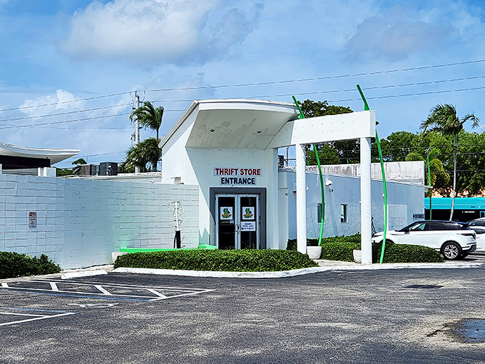 The distinctive white facade with its curved entrance canopy makes Charity Thrift Stores look more like a modern art gallery than a bargain hunter's paradise.