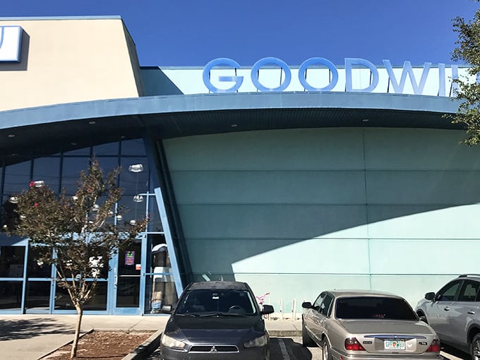 Bold blue GOODWILL lettering announces your arrival at treasure-hunting headquarters. The thrill of the hunt begins at the parking lot.