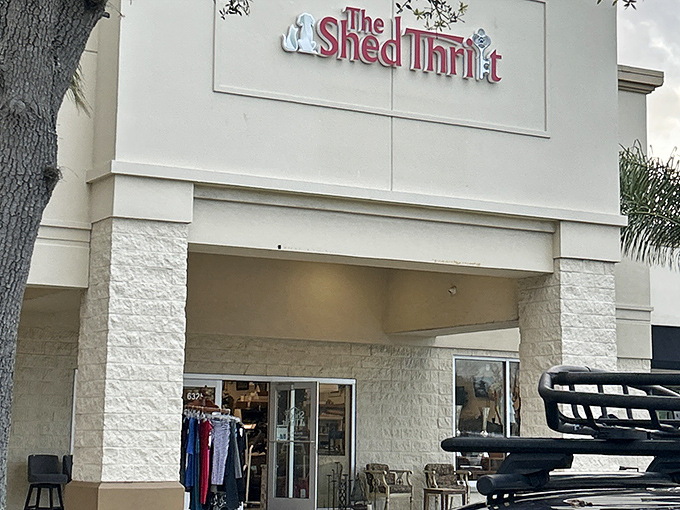 The white fa&ccedil;ade of The Shed Thrift stands like a beacon of bargain-hunting hope, promising treasures within that your wallet will thank you for.