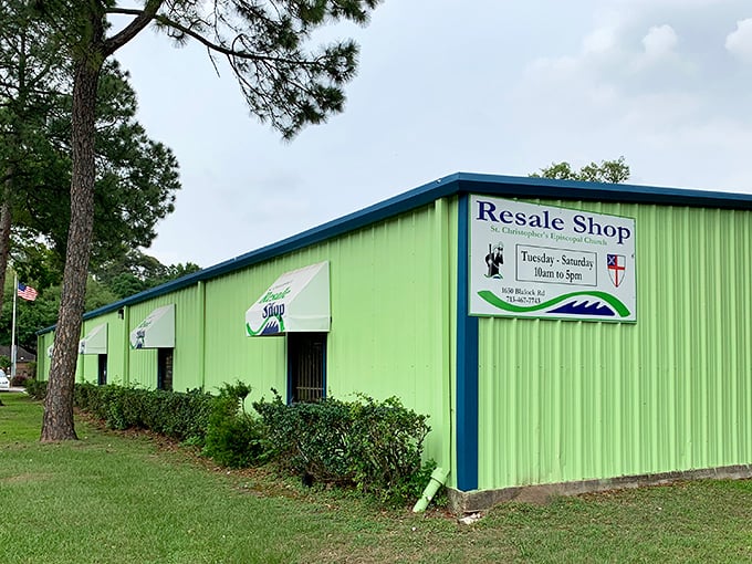 This bright lime-green resale shop in Texas stands out like a beacon for thrifters, inviting bargain hunters to uncover hidden gems behind its modest exterior.