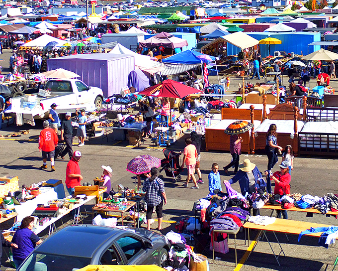 A treasure hunter's paradise stretches to the horizon. Colorful tents and tables create a maze of possibility where weekend warriors hunt for hidden gems.
