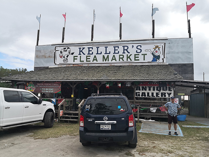 The iconic Keller's Flea Market sign welcomes treasure hunters with its rustic charm and promise of discoveries waiting just beyond those wooden steps.