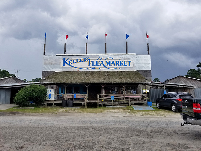 The gateway to treasure hunting paradise! Keller's rustic facade with its colorful flags promises adventures in bargain-hunting that'll make your wallet sing with joy.
