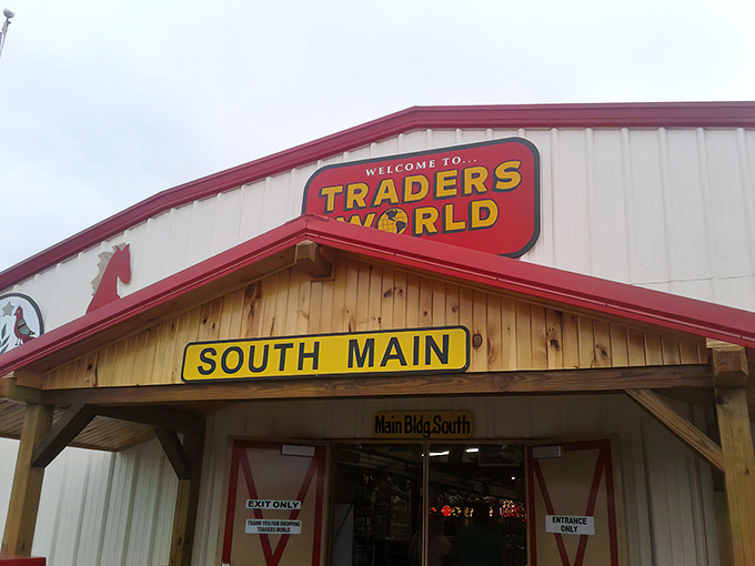 The iconic red-trimmed buildings of Traders World stand ready for treasure hunters, complete with that whimsical metal giraffe surveying the parking lot.