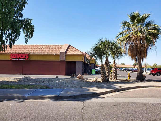 The desert sun casts a golden glow on this Savers location, where palm trees stand guard over treasures waiting to be discovered inside.