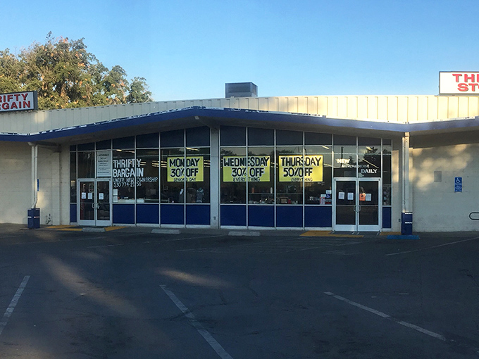 Same exterior, different angle&mdash;this vibrant thrift store facade promises a kaleidoscope of treasures inside, with discounts that'll make your wallet do a happy dance.
