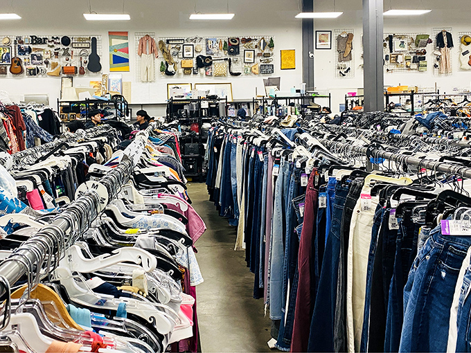 The blue Goodwill sign beckons like a lighthouse for bargain hunters, even on rainy San Francisco days when treasure hunting feels especially rewarding.
