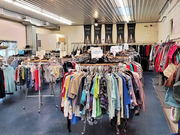 Racks upon racks of clothing await new owners, organized in a rainbow of possibilities that would make Marie Kondo proud.