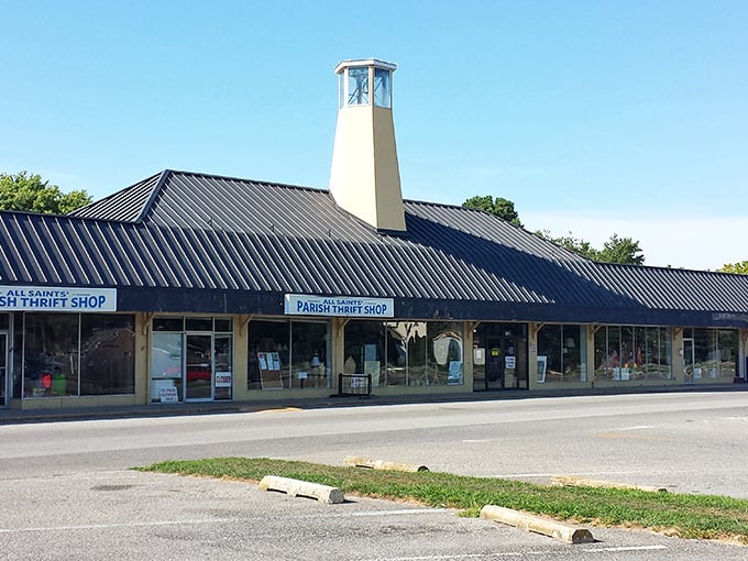 The unassuming blue-trimmed exterior of All Saints' Parish Thrift Shop beckons with racks of clothing treasures spilling onto the sidewalk, like a retail welcome mat.