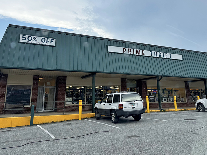 The unassuming exterior of Prime Thrift belies the wonderland of treasures waiting inside. That "50% OFF" sign is practically calling your name!