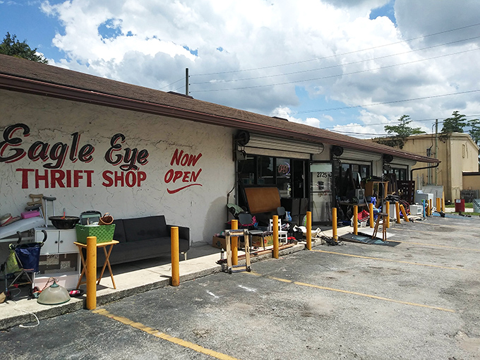 Eagle Eye's storefront whispers promises of treasures while shouting "NOW OPEN" like an excited friend.