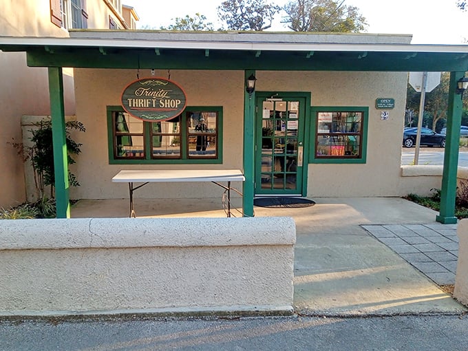 The unassuming exterior of Trinity Thrift Shop belies the wonderland of treasures within. That green trim is practically a beacon for bargain hunters!