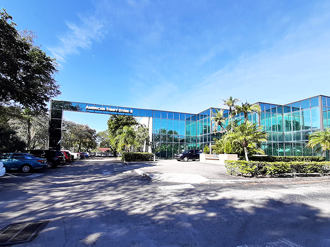 Not your grandmother's thrift shop! American Thrift Store's gleaming glass facade and tropical landscaping might have you checking Google Maps twice.