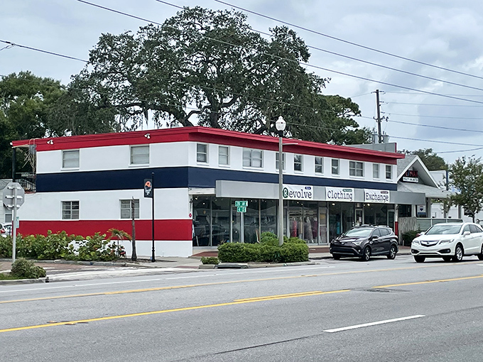 The patriotic red, white, and blue exterior of Revolve St. Pete stands out like a fashion beacon calling to treasure hunters from across Florida.