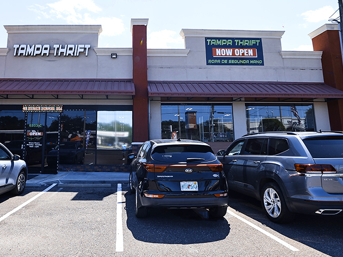 Tampa Thrift's distinctive red and beige exterior stands out on Dale Mabry Highway like a beacon for bargain hunters with champagne taste on a beer budget.