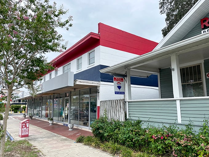 The patriotic red, white, and blue exterior of Revolve St. Pete stands out like a fashion beacon calling to treasure hunters from across Florida.