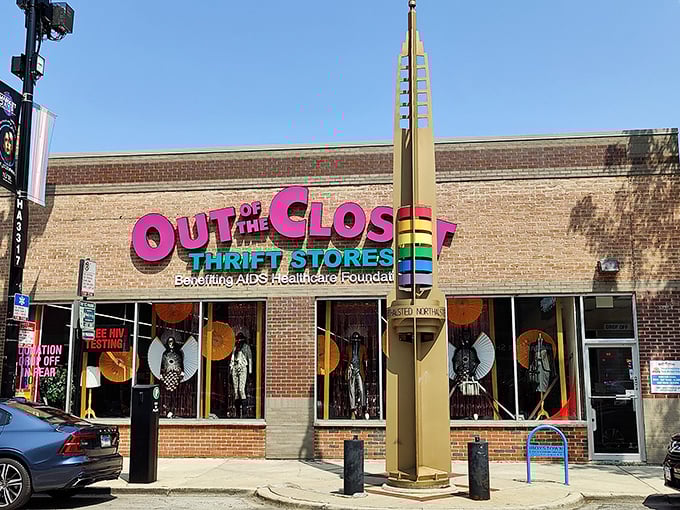 The unmistakable pink and teal signage of Out of the Closet brightens Belmont Avenue like a beacon for bargain hunters and do-gooders alike.