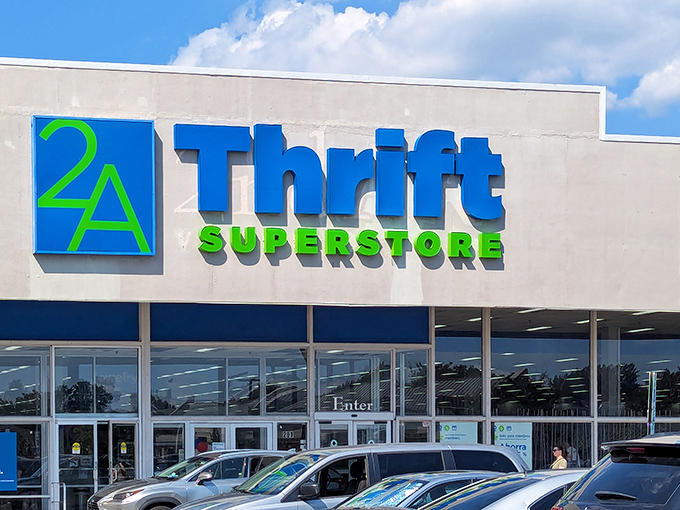 The blue and green beacon of bargain hunting stands proud against the Maryland sky, promising treasures within for those brave enough to explore.