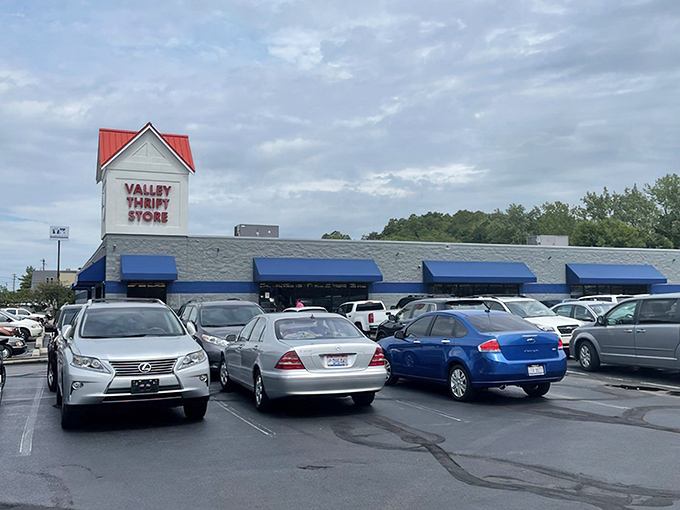Valley Thrift's iconic blue stripe wraps around the building like a ribbon on a giant present waiting to be unwrapped by bargain hunters.