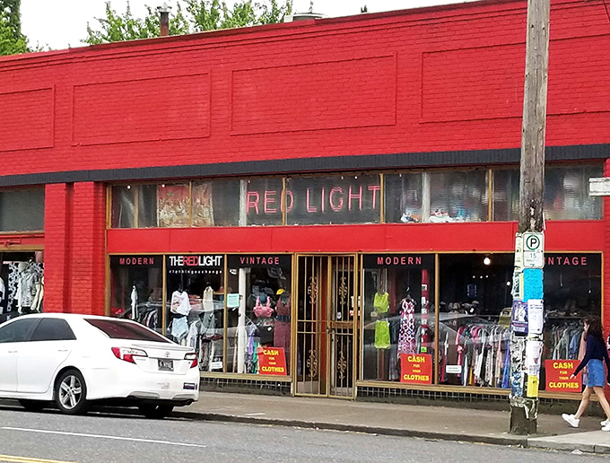 The unmistakable crimson facade of Red Light Clothing Exchange stands out even on Portland's rainiest days, a beacon for treasure hunters and fashion adventurers alike.