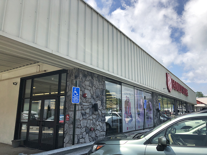 The unassuming exterior of treasure-hunting paradise &ndash; where bargain dreams come true behind that stone facade and practical signage.