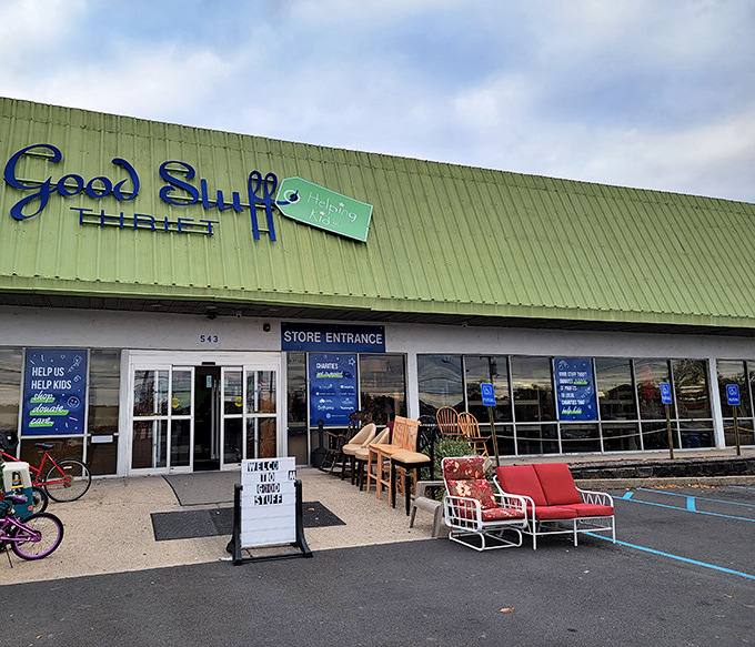 The bright green roof of Good Stuff Thrift grabs your attention instantly, inviting savvy shoppers inside to explore rows of furniture, bargains, and feel-good finds.