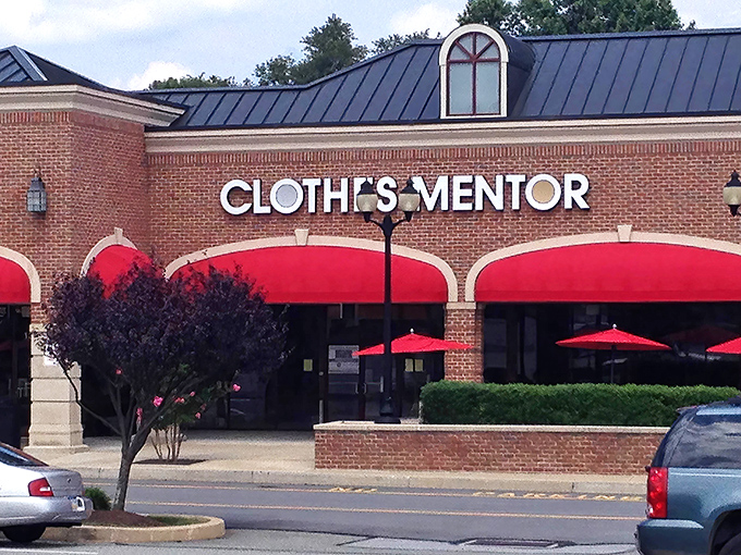 The brick facade and bold red awnings of Clothes Mentor aren't just eye-catching&mdash;they're practically waving you in like a fashion-forward friend with insider deals.