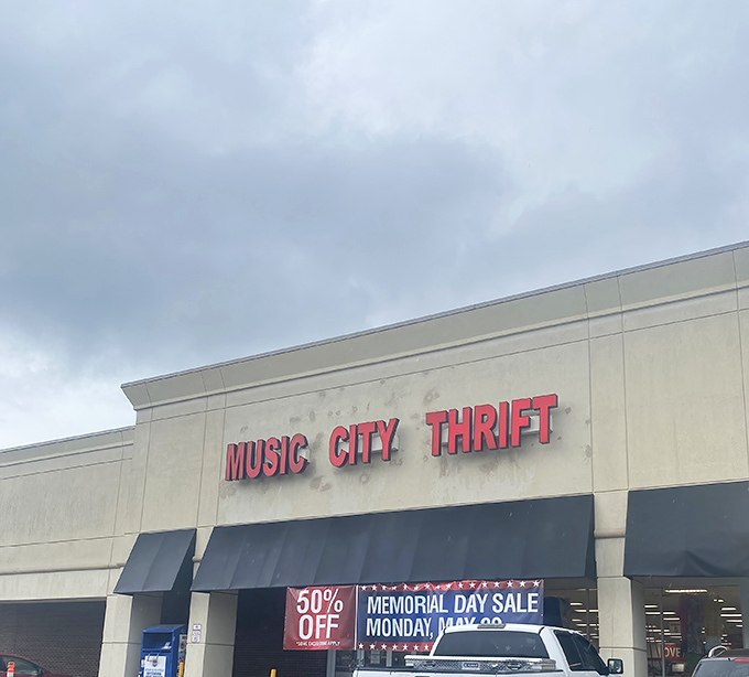 Another day, another sale at Music City Thrift. The Memorial Day banner promises treasures at half price&mdash;my wallet is already doing a happy dance.