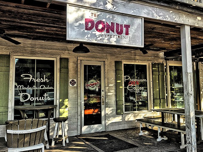 The weathered wood exterior of The Donut Experiment beckons like a siren song, promising fresh-made treats that'll make you forget all about your diet.