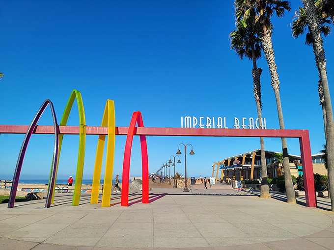 Bright and colorful arches welcome visitors to Imperial Beach, where ocean views, palm trees, and sunshine create a classic California coastal vibe.