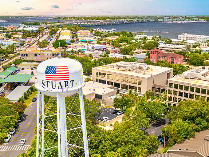 Stuart's iconic water tower stands sentinel over a town that refuses to surrender to high-rises, preserving its small-town charm while offering big-city views.