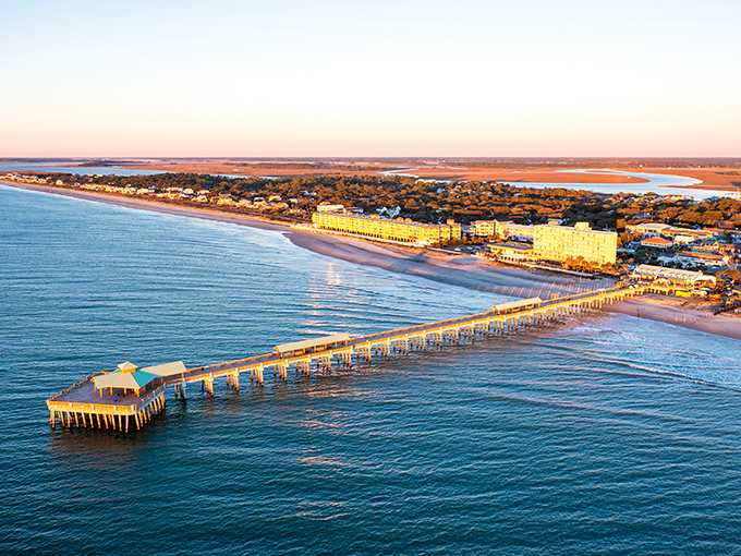 Aerial dreams in turquoise and white &ndash; Folly Beach's pristine shoreline and famous pier create South Carolina's answer to paradise.