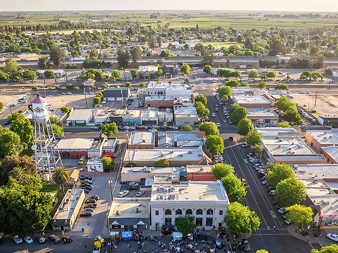 Aerial view of Kingsburg reveals a perfect small-town grid nestled among endless Central Valley farmland. Swedish charm meets agricultural bounty.