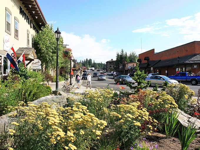 Downtown McCall blooms with vibrant wildflowers and charming storefronts, creating a main street that feels like it was designed by Mother Nature herself.