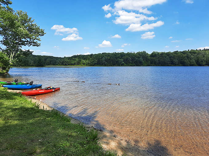 Colorful kayaks wait patiently at the shoreline like eager puppies, ready for adventure on crystal-clear waters that reveal every pebble beneath.