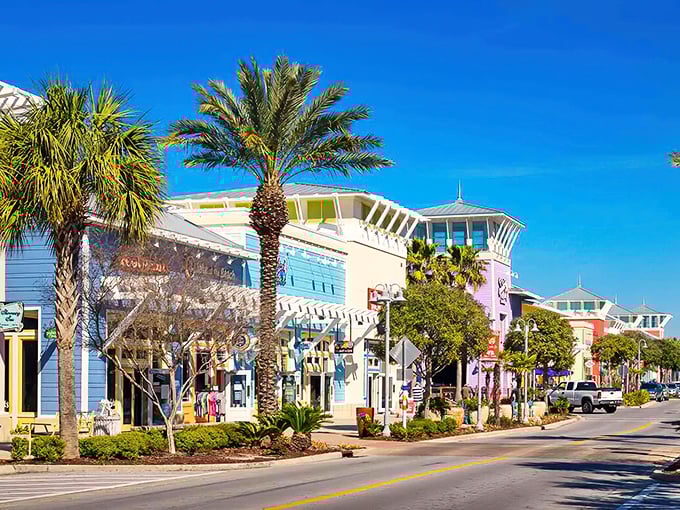 Pastel-colored storefronts bask in Florida sunshine, creating a Main Street that looks like it was designed by someone who really, really loves ice cream flavors.