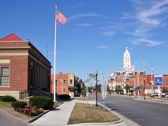 Napoleon's downtown skyline showcases its architectural pride, where small-town charm meets big-city ambition under that impossibly blue Midwestern sky.