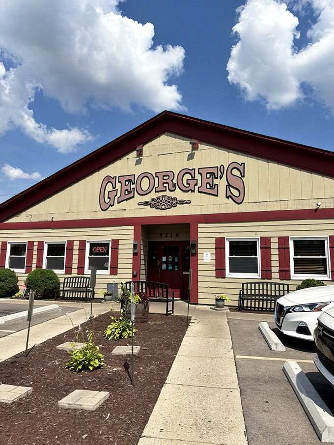 George's welcoming cream and burgundy exterior stands like a beacon of breakfast hope under Ohio's big sky. Home-style cooking awaits inside.