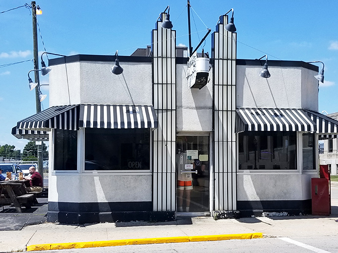 The classic white building with black and white striped awnings isn't trying to be retro&mdash;it actually is retro, because it never needed to change.