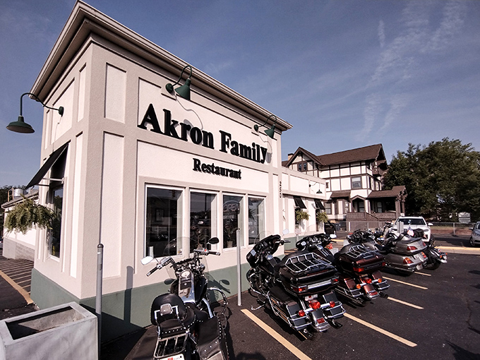The unassuming exterior of Akron Family Restaurant, where motorcycles often line the parking lot. Breakfast pilgrims know: judge not by facades.