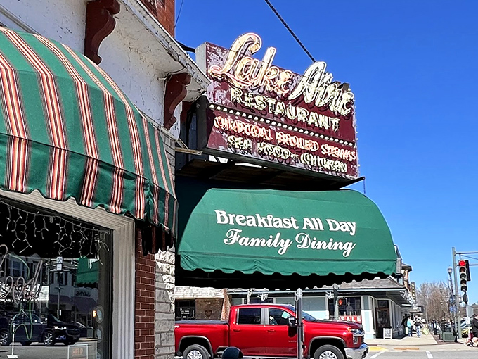 The iconic green awnings and vintage signage of Lake-Aire Restaurant stand as a beacon for breakfast lovers in downtown Lake Geneva. Wisconsin comfort food at its most authentic.