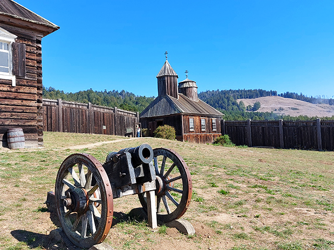 The Russian past meets California present at Fort Ross, where this historic chapel and cannon stand as sentinels to a fascinating cultural crossroads.