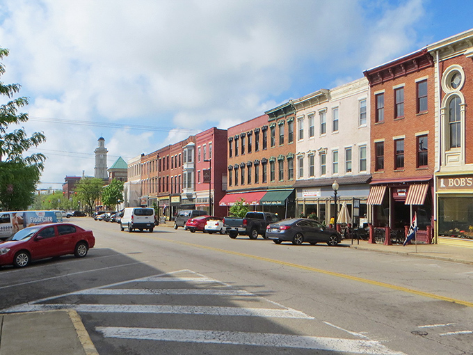Main Street magic unfolds where historic brick buildings create a timeless backdrop for modern retirement dreams.