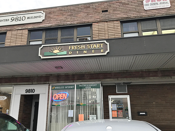 The unassuming exterior of Fresh Start Diner in Twinsburg hides culinary treasures within. Like finding a diamond in a strip mall setting.