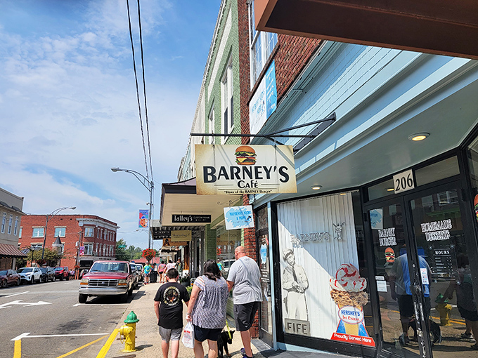 The storefront says it all &ndash; Mayberry magic meets burger paradise at Barney's Cafe, where Andy Griffith's spirit lives on in every bite.
