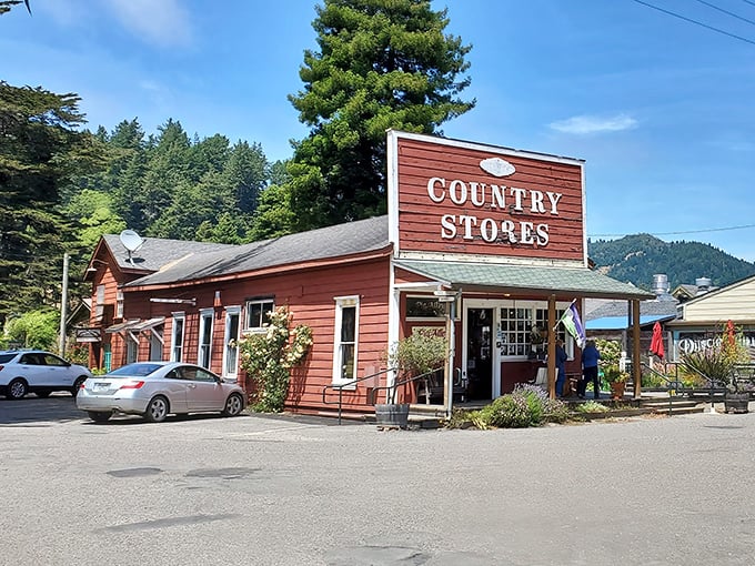 The red clapboard exterior of Duncans Mills General Store stands like a time capsule from California's past, beckoning hungry travelers with promises of sandwich perfection.