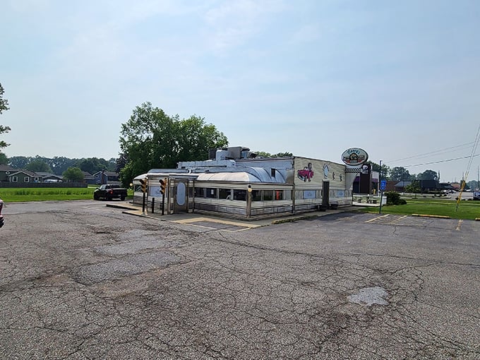 The classic silver diner exterior gleams in the Ohio sunshine, a time capsule of Americana waiting to serve up nostalgia by the plateful.